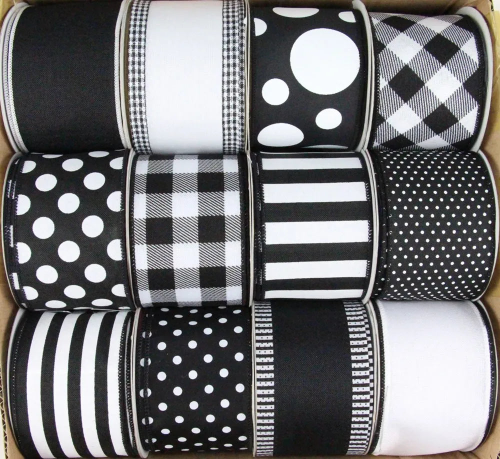 Ribbon Assortment Set of 12, 2.5” x 10 yards, Black and White Patterns ...
