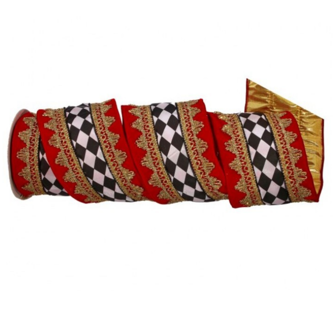 Center Diamond With Brocade Velvet Ribbon, 4" x 5 yards, Red White Bla ...