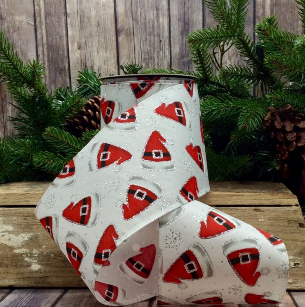 Satin Silver Glitter Red Santa Hat Ribbon, 4" x 10 yards, Red White ...