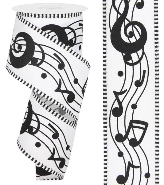 Bold Music Notes With Stripe Edge Ribbon, 2.5" X 10 YDS, White and Bla ...