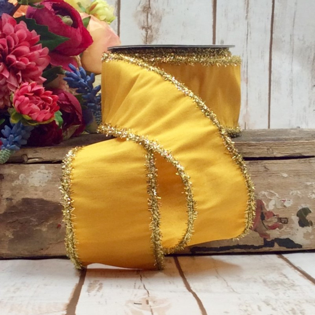 Dupion Gold Tinsel Edge Ribbon, 2.5" x 10 yards, Yellow and Gold – Love ...