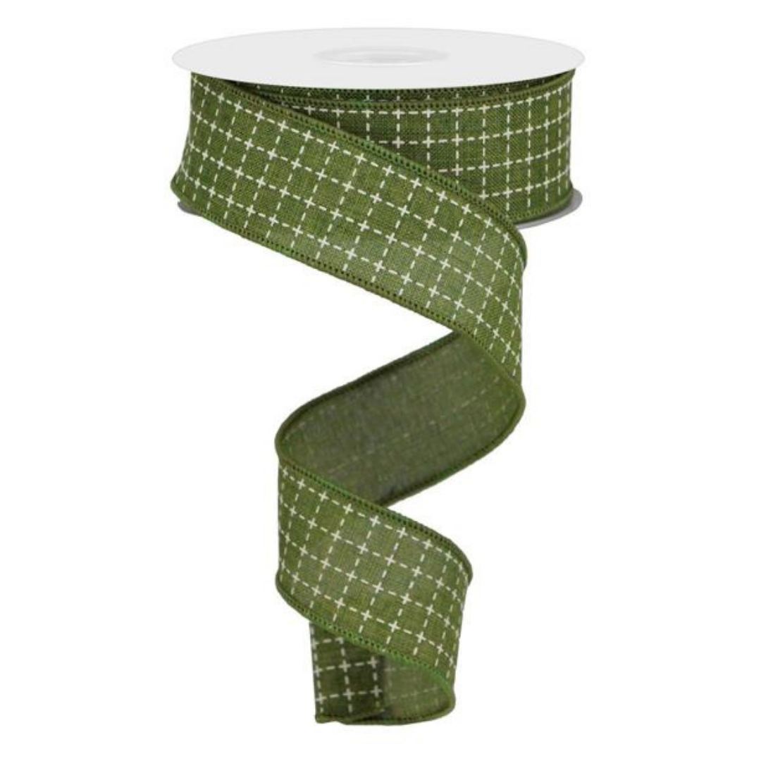 Raised Stitched Squares On Royal Ribbon, 1.5" x 10 yards, Moss Green a ...
