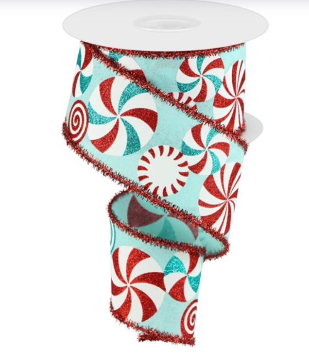 Peppermint Candy Tinsel Edge Ribbon, 2.5" x 10 yards, Ice Blue White T ...